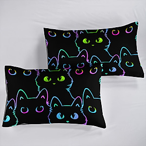 Cartoon Cat Comforter Cover Set King Size,Gradient Line Cat Bedding Set,Cute Cat Duvet Cover Set with Zipper for Teens Kids Boys Girls Adults Room Decor,1 Quilt Cover 2 Pillow Cases No Comforter,Black