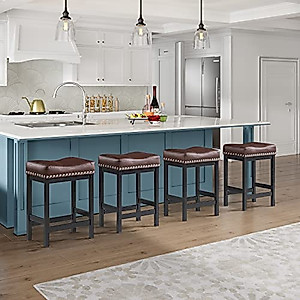 OUllUO Single Bar Stools, 24" Counter Height Bar stools, PU Leather Bar Stools for Kitchen Counter, Modern Metal Base Padded Saddle Barstool with Nailhead Trim Stools for Island,Brown,918BR1