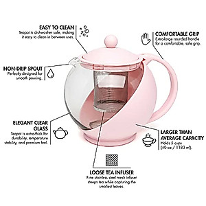 Primula Half Moon Teapot with Removable Infuser, Glass Tea Maker, Reusable, Fine Mesh Stainless Steel Filter, Dishwasher Safe, 40-Ounce, Pink