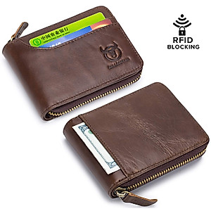 BULLCAPTAIN Mens Leather Zipper Wallet RFID Blocking Bifold Secure Vintage Zip Around Multi Credit Card Holders