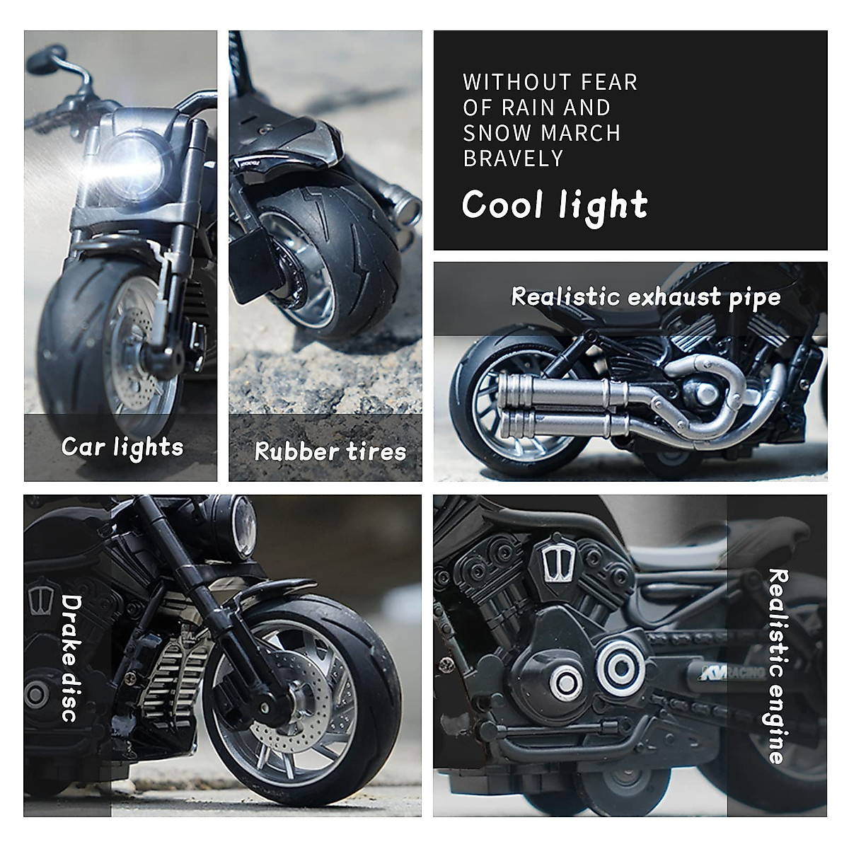 Ming You Pull Back Motorcycle Toys - Toy Motorcycle with Flashing Light up and Sounds for Aged 3+ Kids Christmas Birthday Gifts. (Black)