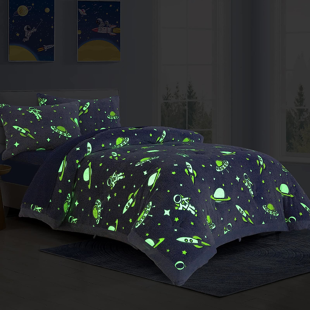 HOMBYS Glow in The Dark Comforter Set 5 Piece Twin/Twin XL with Sheets, Blue Space Astronauts Velvet Bedding Comforter Sets, Ultra Soft Down Alternative Comforter for Boys Kids, Bed in a Bag