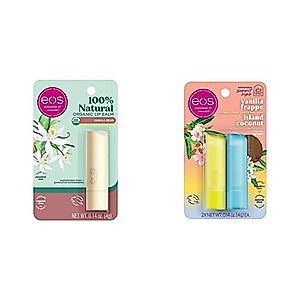Bundle of eos 100% Natural & Organic Vanilla Bean Lip Balm Stick + eos Sunset Sips Lip Balms- Island Coconut & Vanilla Frappe, All-Day Moisture, Lip Care