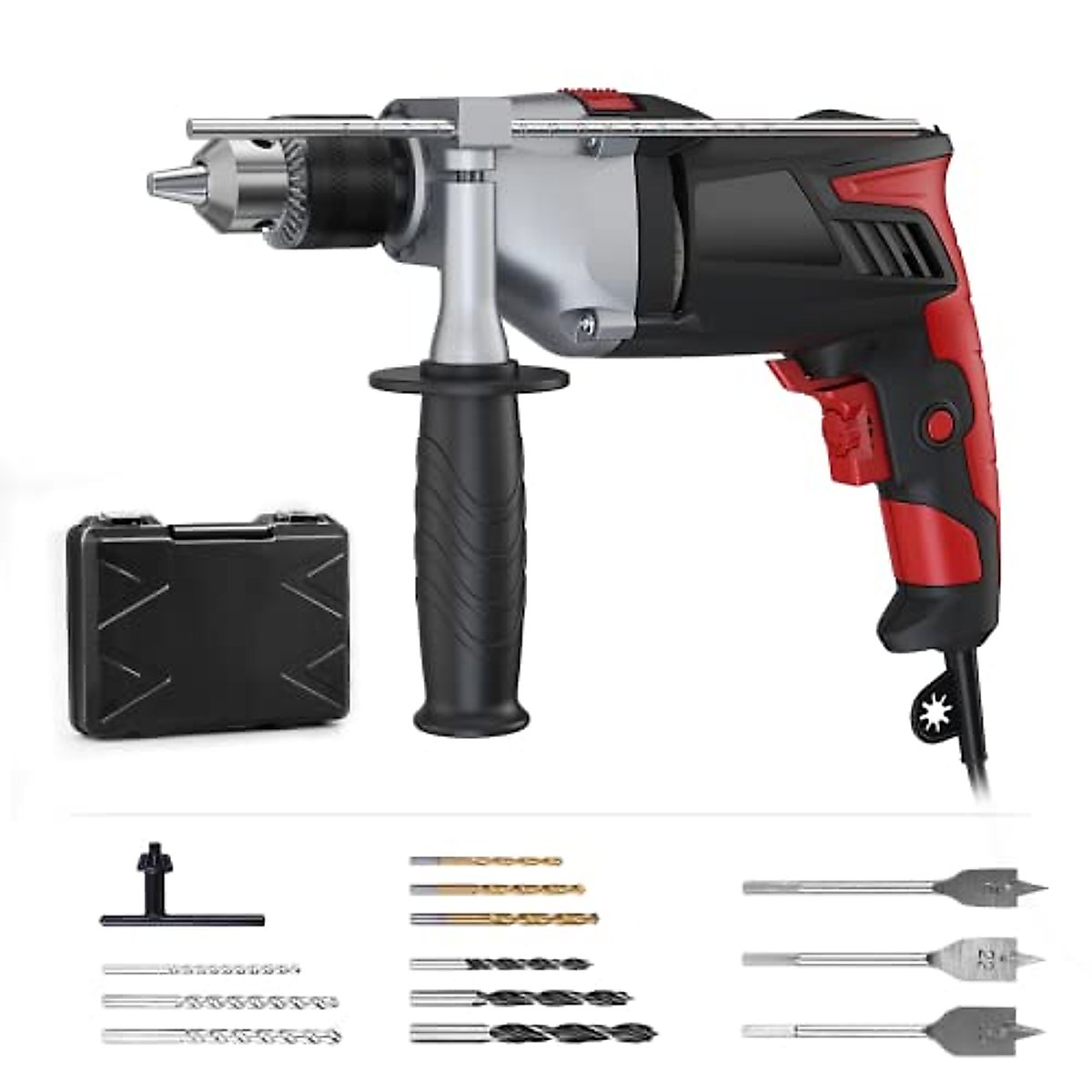 DEKOPRO 8Amp 1/2-inch Corded Impact Drill with 12pcs Accessories, Variable Speed 0-2800, Hammer and Drill 2 Functions in 1, 360°Rotating Handle, Depth Gauge, Carrying Case Included