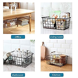 Wire Storage Baskets, 4 Pack Metal Household Organizer with 2 Pcs Fabric Liners, Refrigerator Bin with handles, for Pantry, Shelf, Freezer, Kitchen Cabinet, Bathroom, Countertop, Closets (Black)