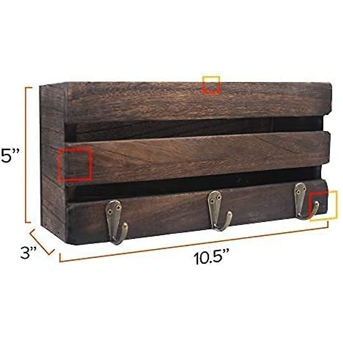 Rustic Mail Holder Wall Mount ~ Key and Mail Organizer for Wall Decorative with 3 Key Hooks ~ Key Hanger for Wall, Entryway, Bathroom, Living Room, Kitchen (Brown)