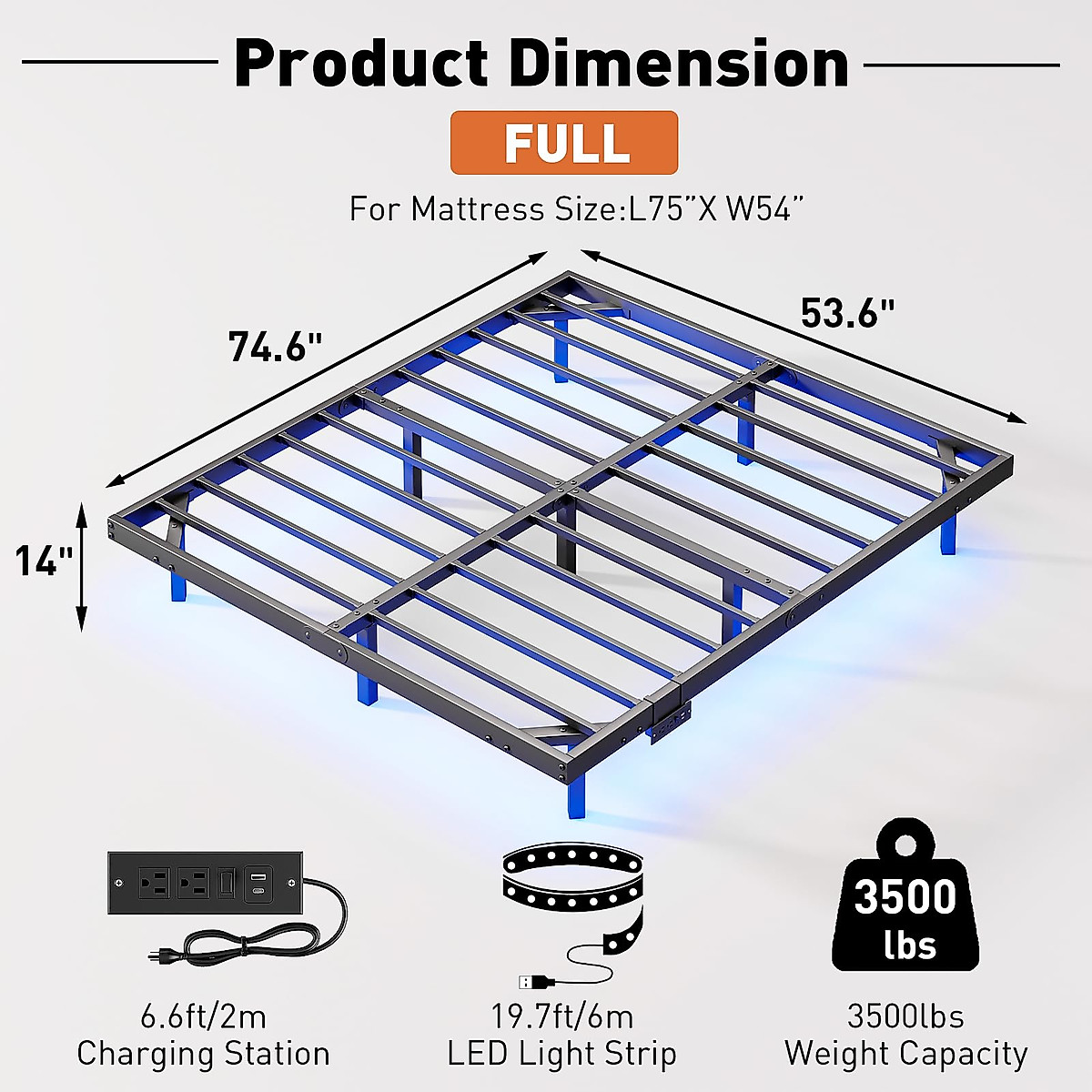 AGXI Floating Bed Frame Full Size with LED Lights and Charging Station, 14 Inch Floating Bed Frame Full- Modern Full Size Bed Frame Easy Assembly No Box Spring Needed