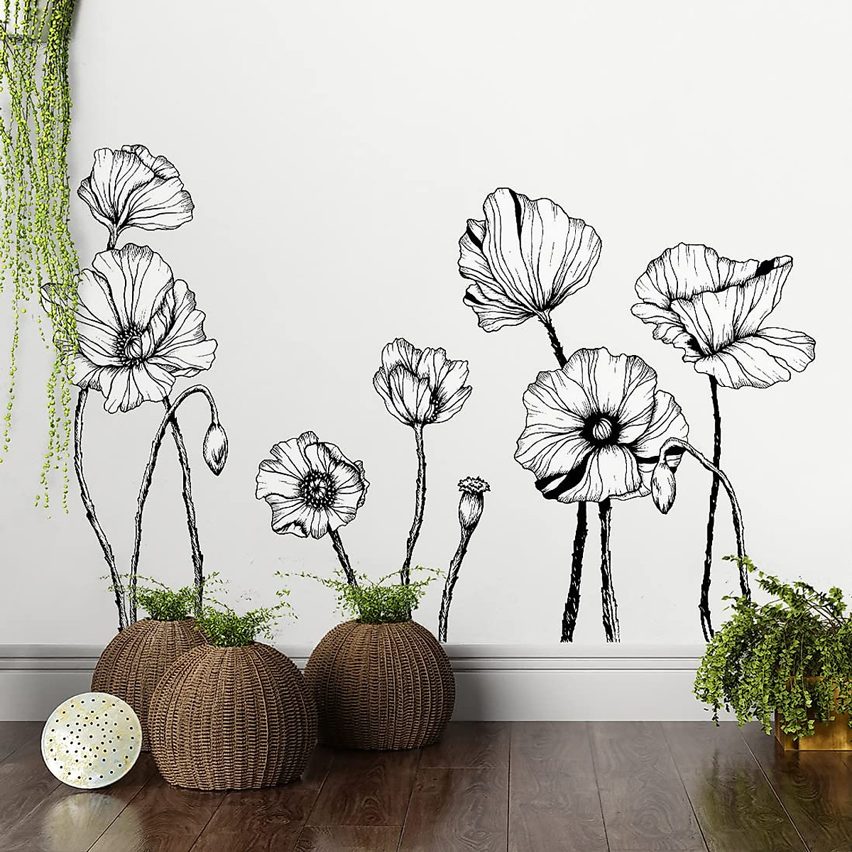 Creative Black Flowers Wall Stickers 3D Black Poppy Floral Wall Decals DIY Removable Large Black Vinyl Flower Plant Wall Art Decor for Teens Women Bedroom Living Room Nursery Office Decoration DT-1021