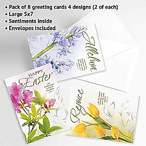 Deluxe Joy Religious Easter Greeting Cards - Set of 8 (4 designs), Envelopes Included, Inspiring Bible Messages for Christians and Catholics, 5 Inches x 7 Inches