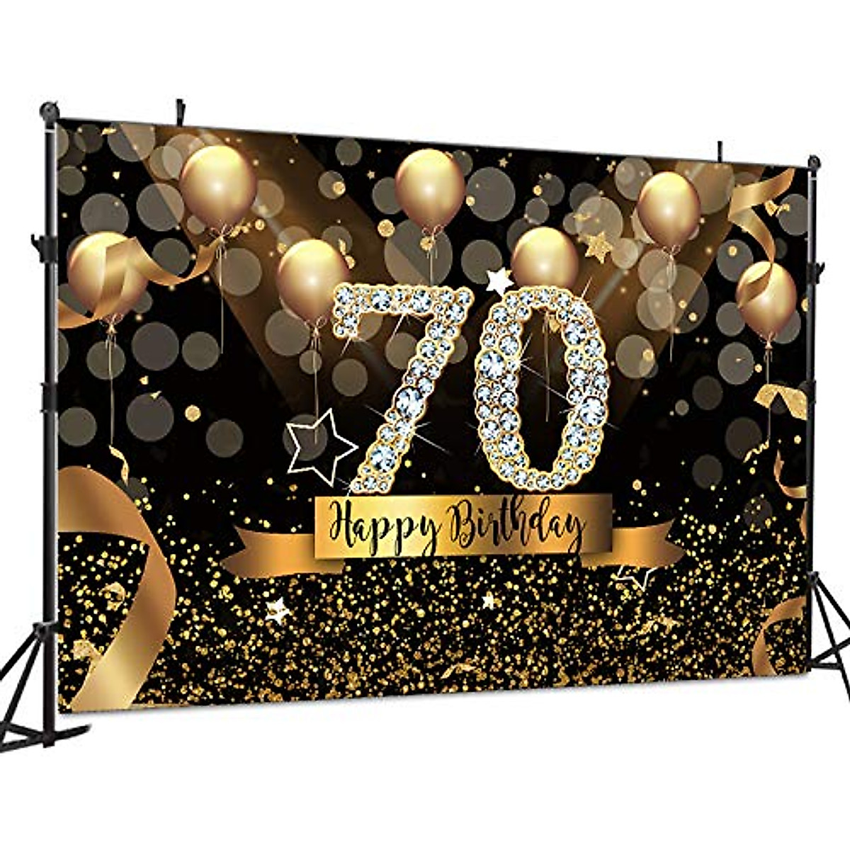 Sensfun Sparkle Gold 70th Birthday Backdrop Black Golden Balloons Photography Background for Women Shining Diamond Fabulous 70 Bday Party Decoration Supplies Happy 70th Birthday Photo Banner 7x5ft
