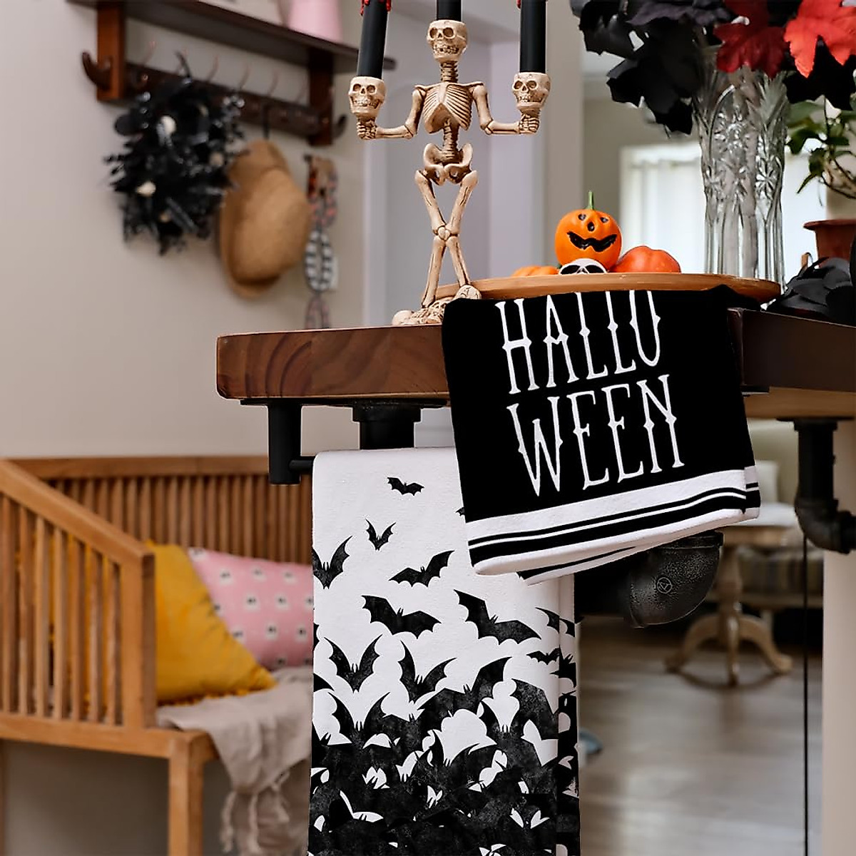 ARKENY Halloween Kitchen Towels Set of 2,Black Bats Dish Towels 18x26 Inch Drying Dishcloth,Farmhouse Home Decoration AD123