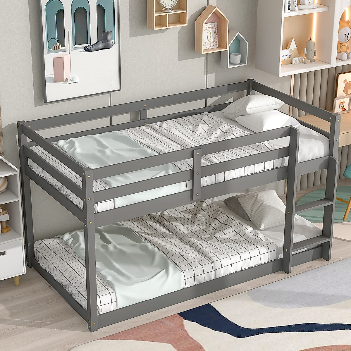 Bunk Beds Twin Over Twin, Wood Kids Low Bunk Bed with Guard Rails, Ladder for Young Children Boys Girls Dormitory Bedroom, No Box Spring Needed (Grey)
