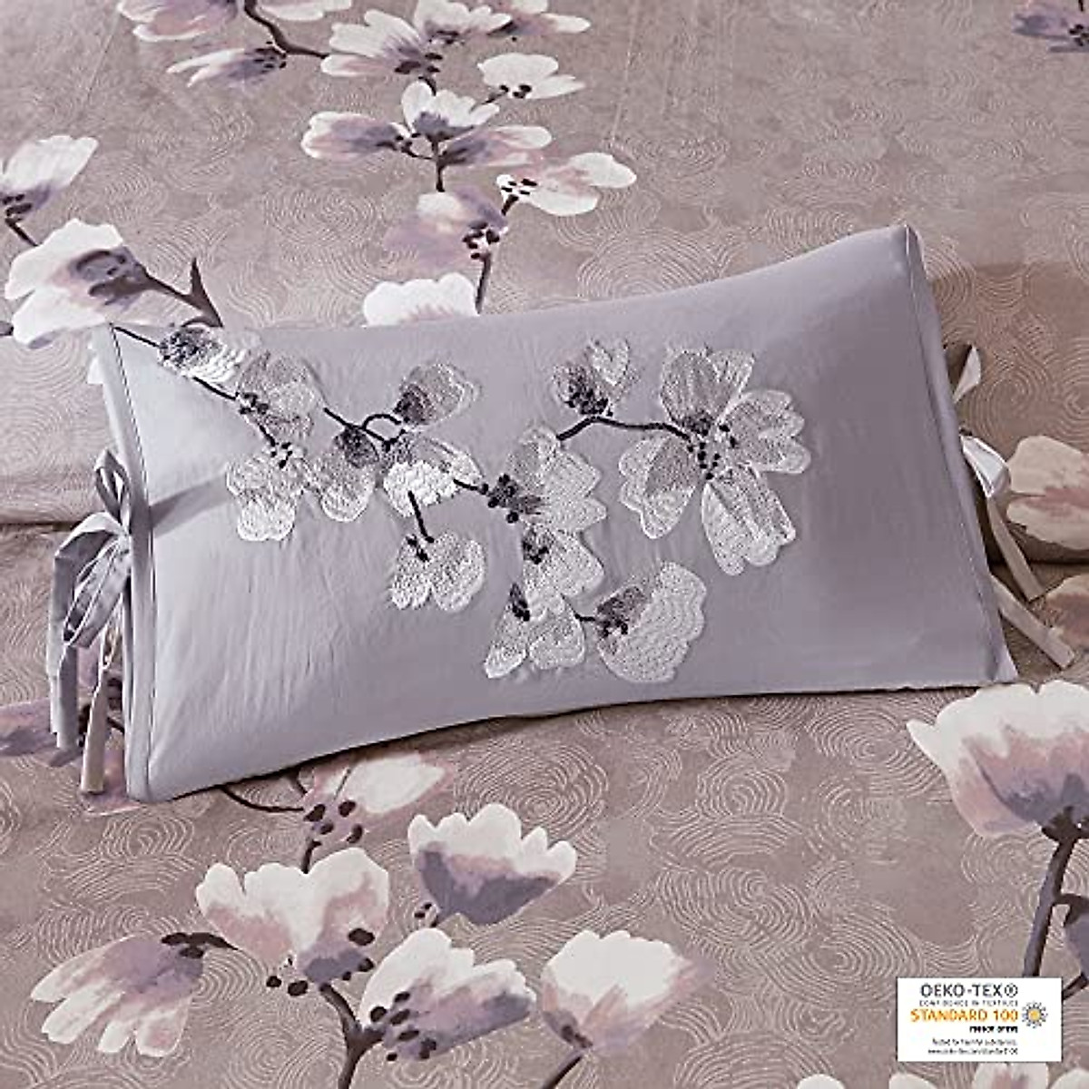 N Natori Sakura Blossom Embroidered Cotton Oblong Decorative Pillow Lilac 12x20'', 12 x 20