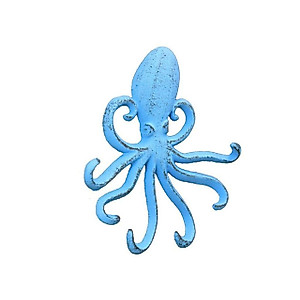 Handcrafted Model Ships Rustic Light Blue Cast Iron Wall Mounted Decorative Octopus Hooks 7" - Beach De