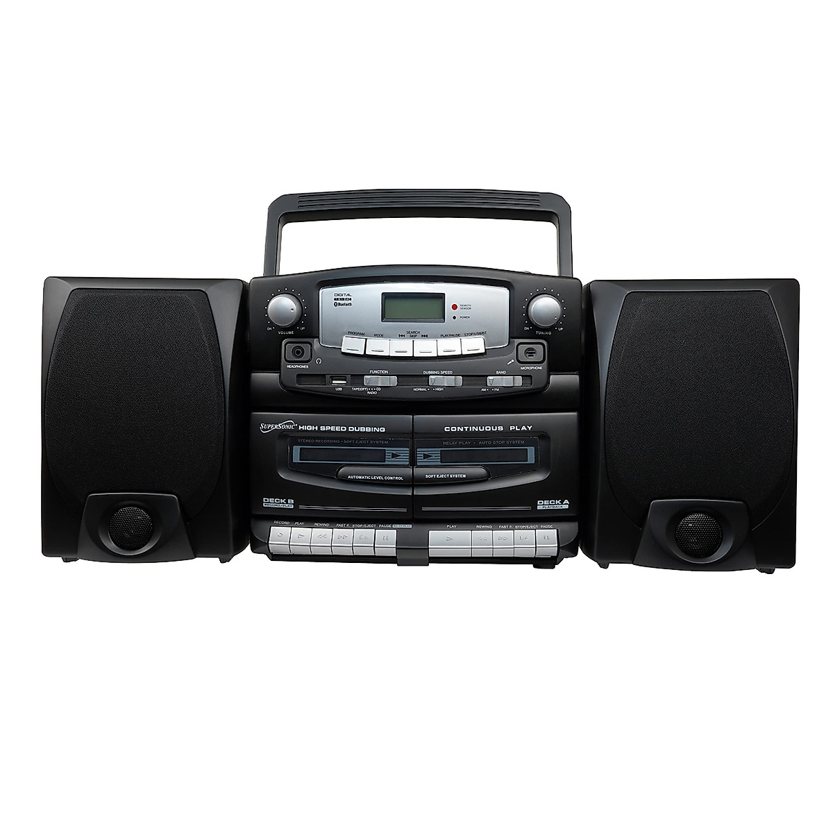Supersonic Black Edition Vintage Bluetooth Stereo System Home Music Audio System,CD/MP3 Player,AM/FM Radio,Dual Cassette Player/Rec USB inputs,Detachable Speakers,AC/DC,(Remote Included)Matte Black