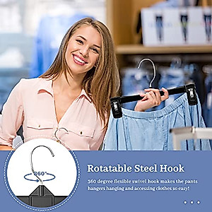 HOUSE DAY Black Pants Hangers, 10 Inch Skirt Hangers with Non-Slip Big Clips and 360° Swivel Hook, Heavy Duty Slim Plastic Pants Hangers, Space Saving Clip Hangers for Pants, Skirts, Shorts, 25 Pack