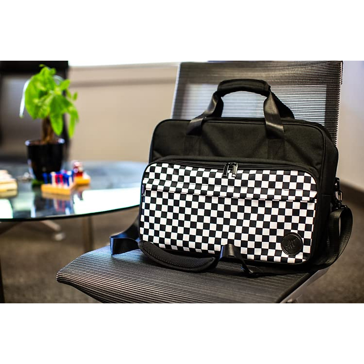 Versatex Black and White Checkered, Waterproof, Portable, Recharging, Charging port, Laptop Bag, Backpack with adjustable straps, expandable compartment, comfortable, strap sleeve