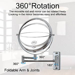 LANSI Wall Mounted Makeup Mirror, 10x/1x Double-Sided Magnifying Mirror, 360° Extendable Arm Bathroom Mirror, 8 inch Vanity Mirror for Makeup or Shaving Chrome Finish