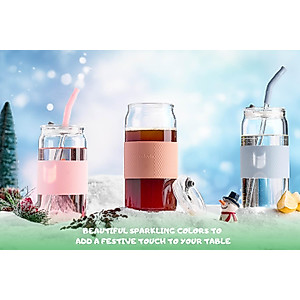 ColoVie 20oz Mixed Drinking Glasses with 6 Colors, Thicken Reusable Glass Tumblers with Lids and Straws, Removable Silicone Sleeve for Hot or Iced Drinking, Unique Colorful Glass Cups