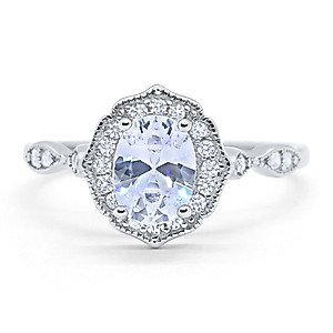 Blue Apple Co. Simulated Cubic Zirconia Size-5 Art Deco Antique Style Wedding Engagement Ring Oval Round CZ 925 Sterling Silver
