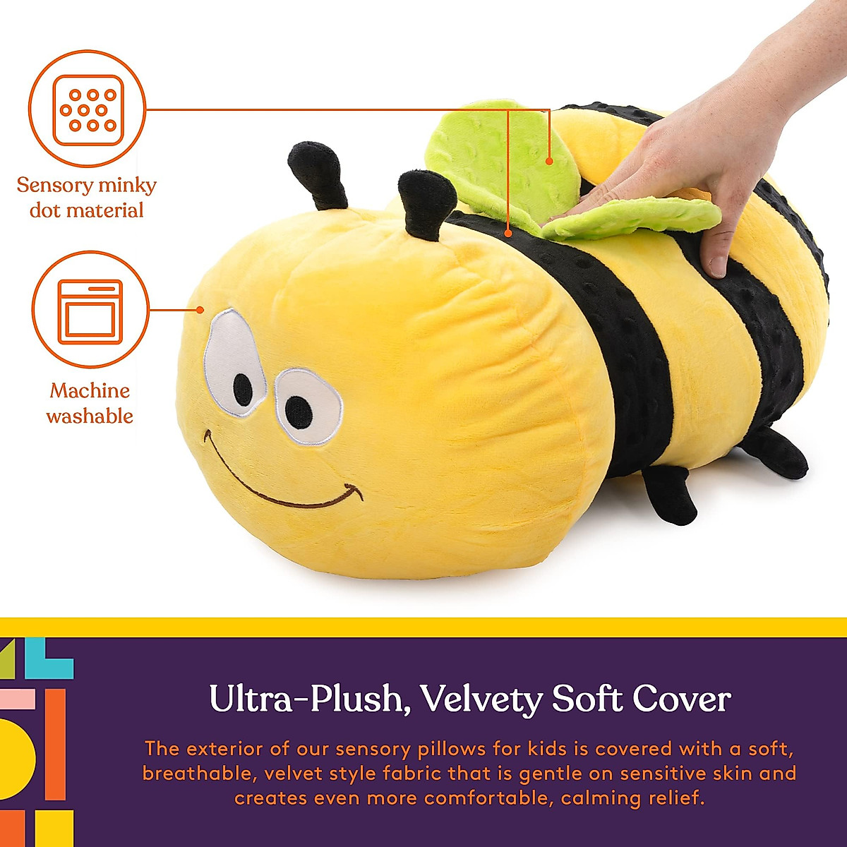 Special Supplies Bumble Bee Sensory Vibrating Pillow, Pressure Activated for Kids and Adults, Plush Minky Soft with Textured Therapy Stimulation Bumps. Size: 11 by 20 inches