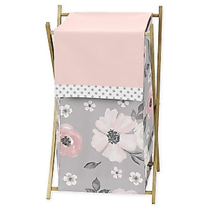 Sweet Jojo Designs Grey Watercolor Floral Baby Kid Clothes Laundry Hamper - Blush Pink Gray and White Shabby Chic Rose Flower Polka Dot Farmhouse