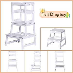 Kinbor Baby Kids Kitchen Step Stool with Safety Rail-Solid Wood Construction Toddler Stool Toddler Stepping Stool for Counter and Bathroom Sink White