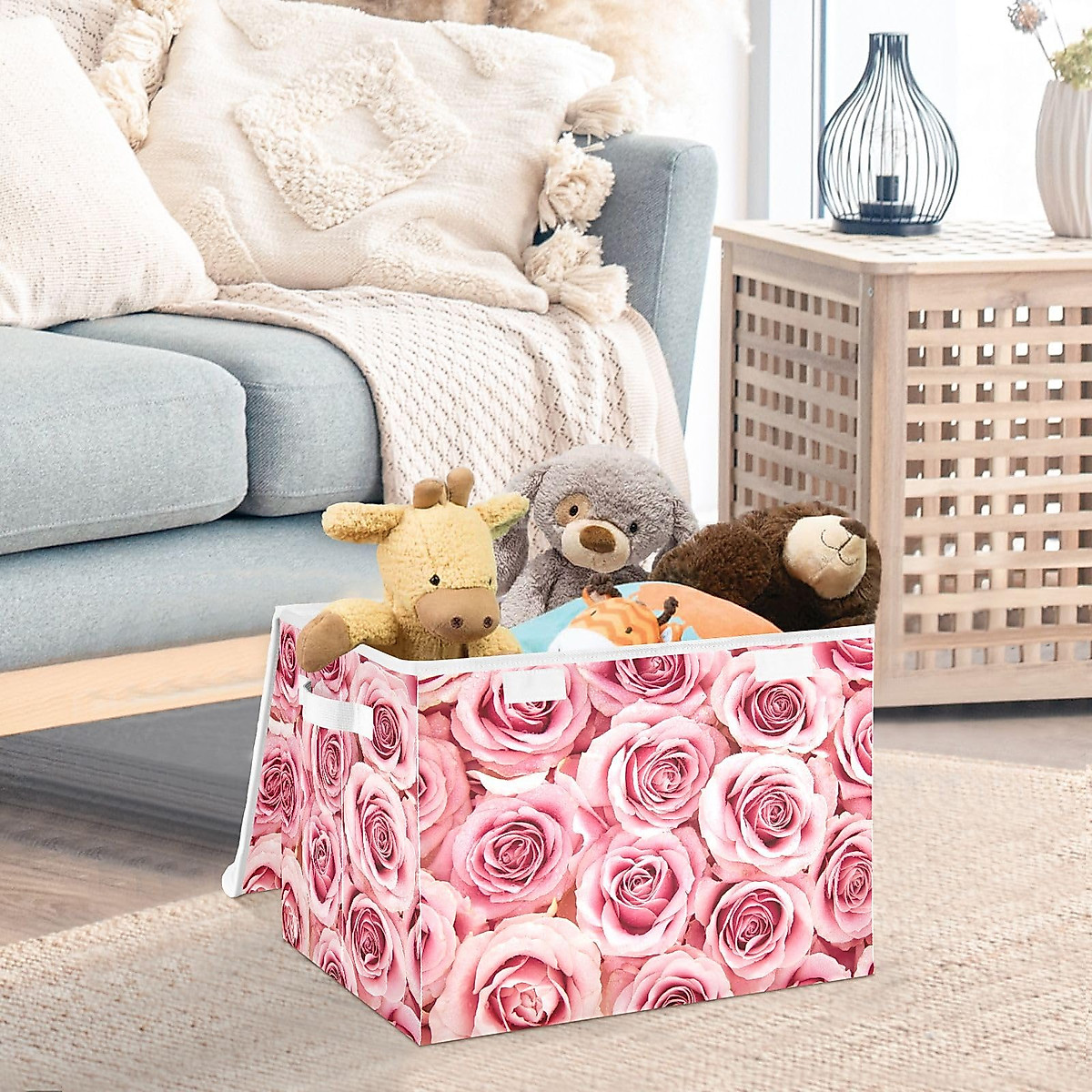 MFTJYO Storage Bin with Lid Pink Rose Flower Foldable Storage Box Washable Fabric Storage Cubes Bin Organizer Basket Closet for Home Bedroom Closet Nursery Office