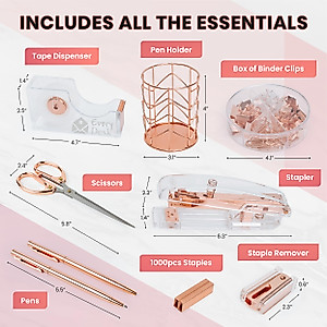 Every Desk Rose Gold Office Supplies for Desk - Rose Gold Desk Accessories Set with Cute Stapler, Tape Holder, Staple Remover, 2 Pens, Scissors, and More - Stylish Office Supplies Kit