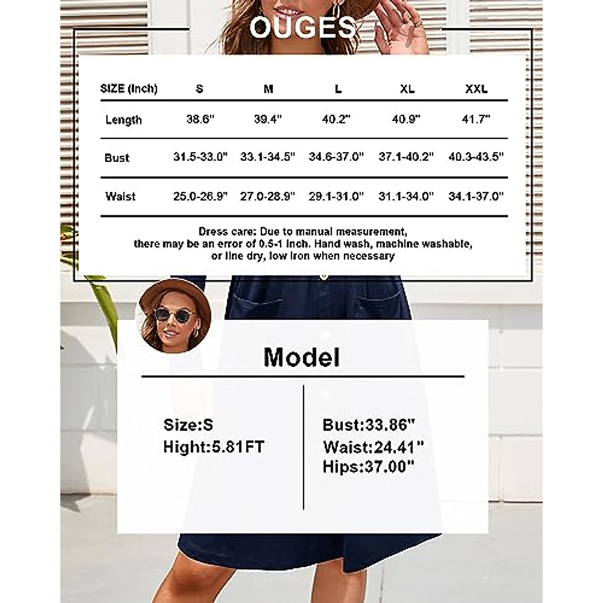 OUGES Womens Fall Long Sleeve Midi Dresses Button Down V Neck Skater Dress with Pockets 2023(Red,L)