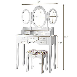 CHARMAID Vanity Set with Tri-Folding Mirror and Cushioned Stool, Dressing Table with 7 Drawers and a Shelf, Antique Makeup Table with Removable Top, Vintage Makeup Vanity Set for Women Girls (White)