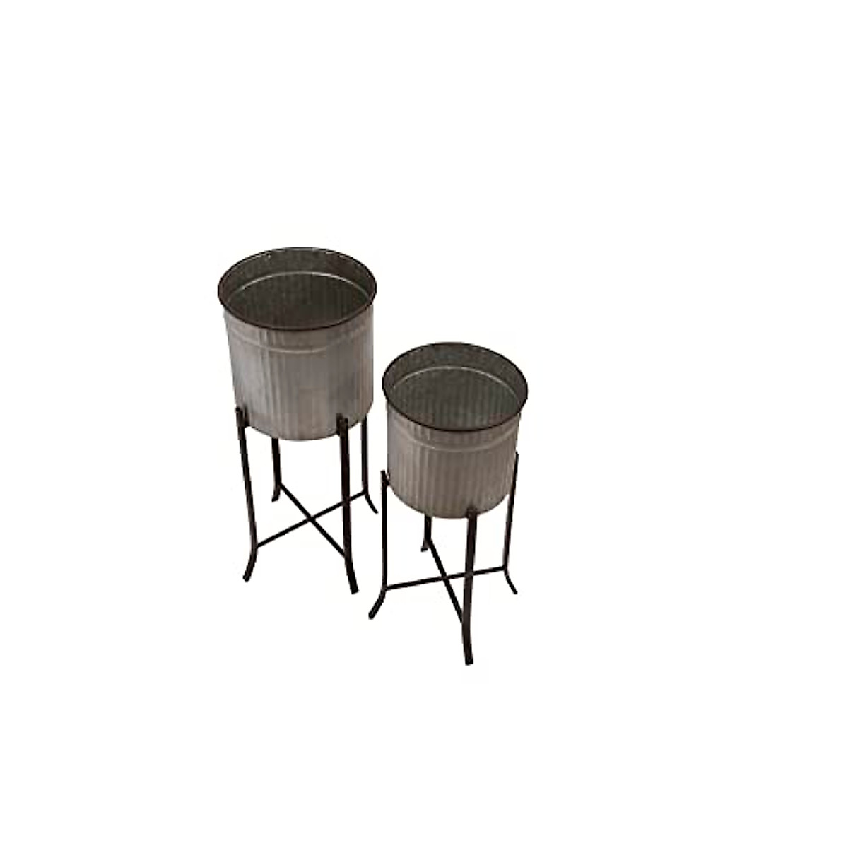 Creative Co-Op Farmhouse Round Corrugated Metal Planters on Stands, Set of 2 Sizes, Silver and Black