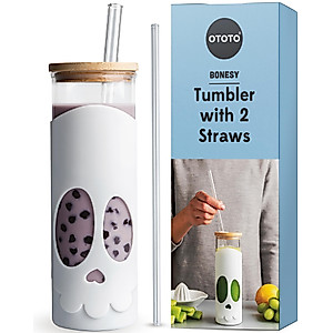 OTOTO NEW Bonesy Glass Tumbler with Straw and Lid - 17oz Cute Glass Water Bottle Tumblers, Goth Accessories, Spooky Gifts, Halloween Gifts, Skull Glass Cup with Lid and Straw, Goth Gifts (White)