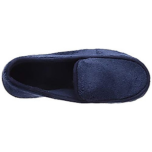 isotoner Men's Terry Moccasin Slipper with Memory Foam for Indoor/Outdoor Comfort, Navy, Large