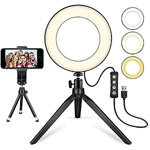 LED Ring Light 6" with Tripod Stand for YouTube Video and Makeup, Mini LED Camera Light with Cell Phone Holder Desktop LED Lamp with 3 Light Modes & 11 Brightness Level (6")