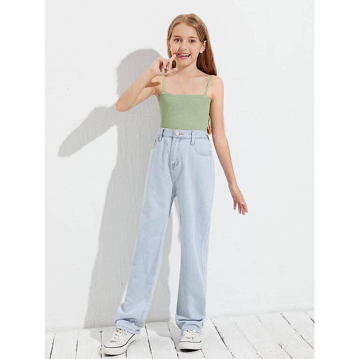 thefabland Girls Casual Denim Pants High Waisted Wide Leg Jeans with Pocket Light Blue