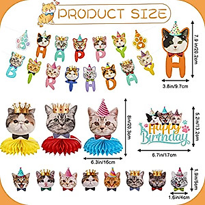 DECYOOL 39 Pcs Cat Birthday Decorations Cat Birthday Party Supplies, 2 Pcs Birthday Banner 3 Pcs Birthday Honeycombs 9pcs Birthday Balloons and 25 Pcs Cupcake Toppers for Kid cat lover