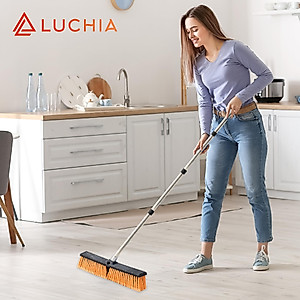 LUCHIA 18” Heavy Duty Push Broom with 65” Adjustable Stainless Steel Handle | Flagged Bristles for Indoor & Outdoor Broom for Floor Cleaning with Brooms, Gloves & Cloth | Orange