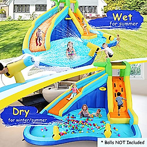 DREAMVAN Inflatable Water Slide Park, Kids Bounce House with Slides, Climbing Wall, Splash Pool, Cannon, Basketball Hoop Jumping Castle w/Air Blower, Hose, Carry Bag, Repairing Kit, Stakes