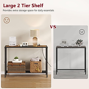 Tajsoon Console Table with Charging Station, 41.8" Entryway Table with Shelves, 2-Tier Narrow Sofa Table, Long Behind Couch Table, for Entryway, Foyer, Living Room, Hallway, Brown & Black