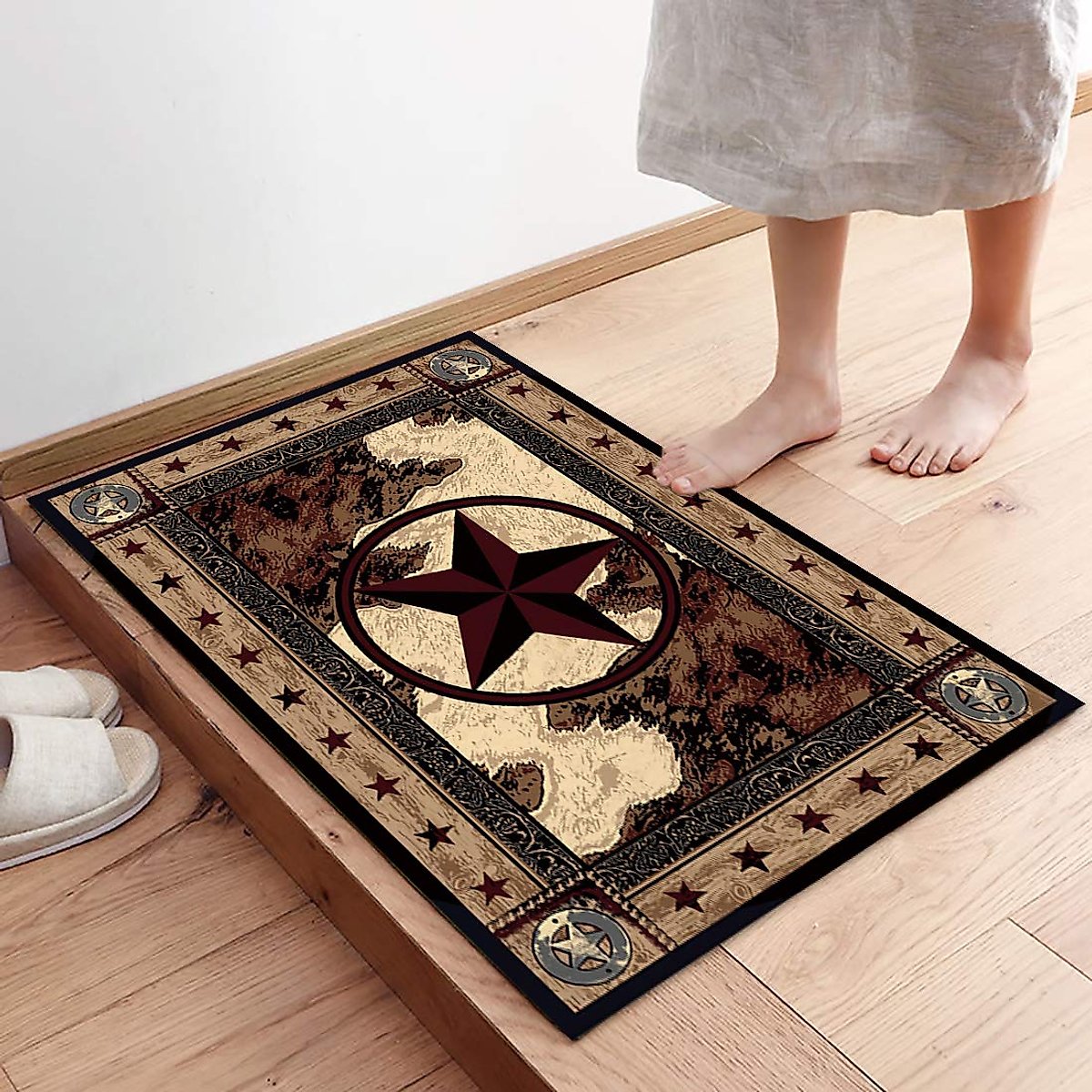 Independence Day 2 Pieces Kitchen Rug Mat Set Retro Star Map Absorbent Soft Runner Carpets Country Pentagram Border Nostalgic Classic Non Slip Doormat Floor Mats Throw Runner Rug for Living Room