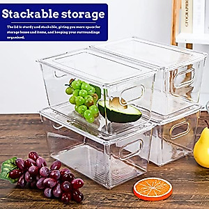 HANSGO Refrigerator Organizer Bins with Lid, 4PCS Stackable Organizer Basket Bins with Handles Clear Plastic Pantry Organizer and Storage Bins for Fridge Kitchen Bedroom Office