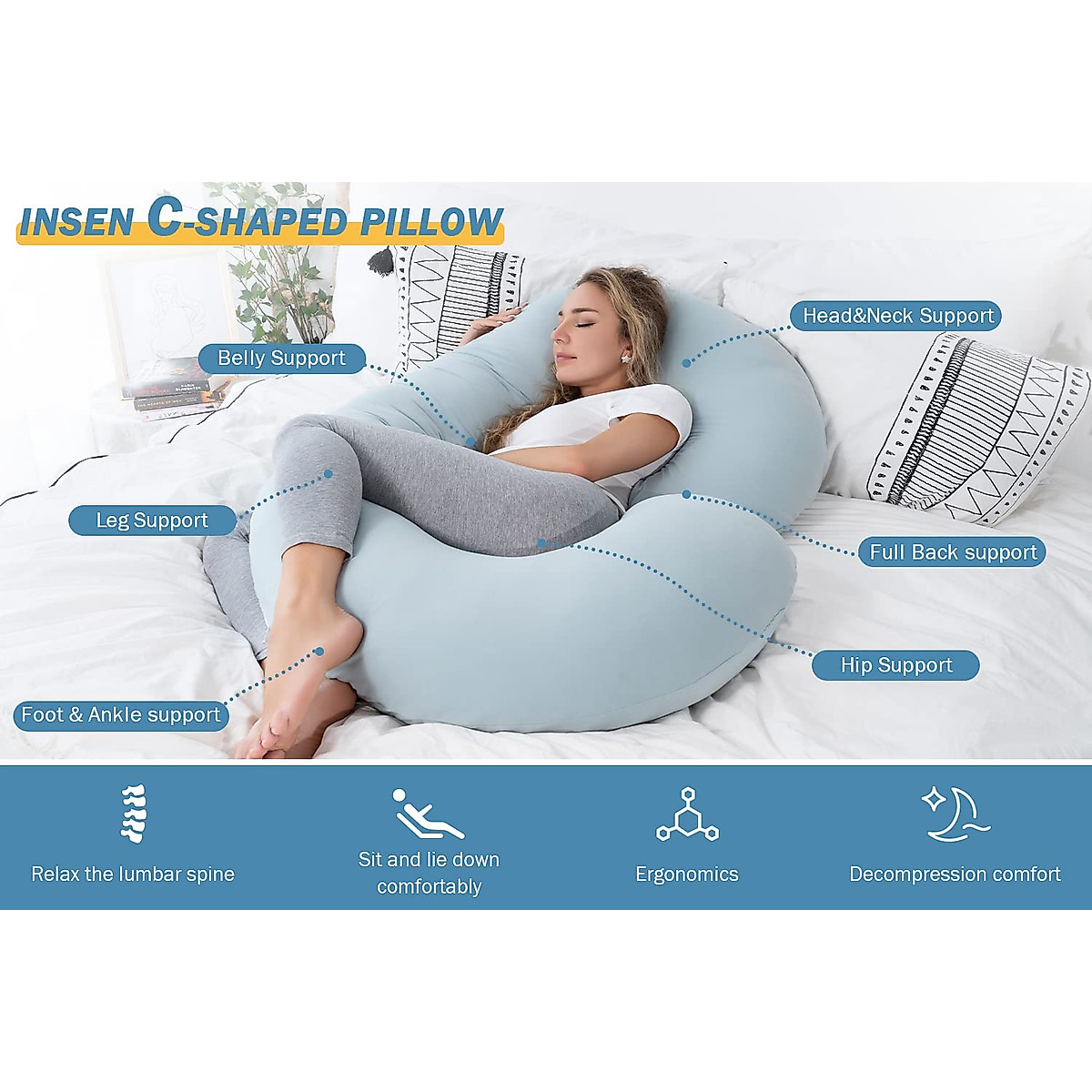 INSEN Pregnancy Pillow,Maternity Body Pillow with Velvet Cover,C Shaped Body Pillow for Sleeping (Green Jersey)