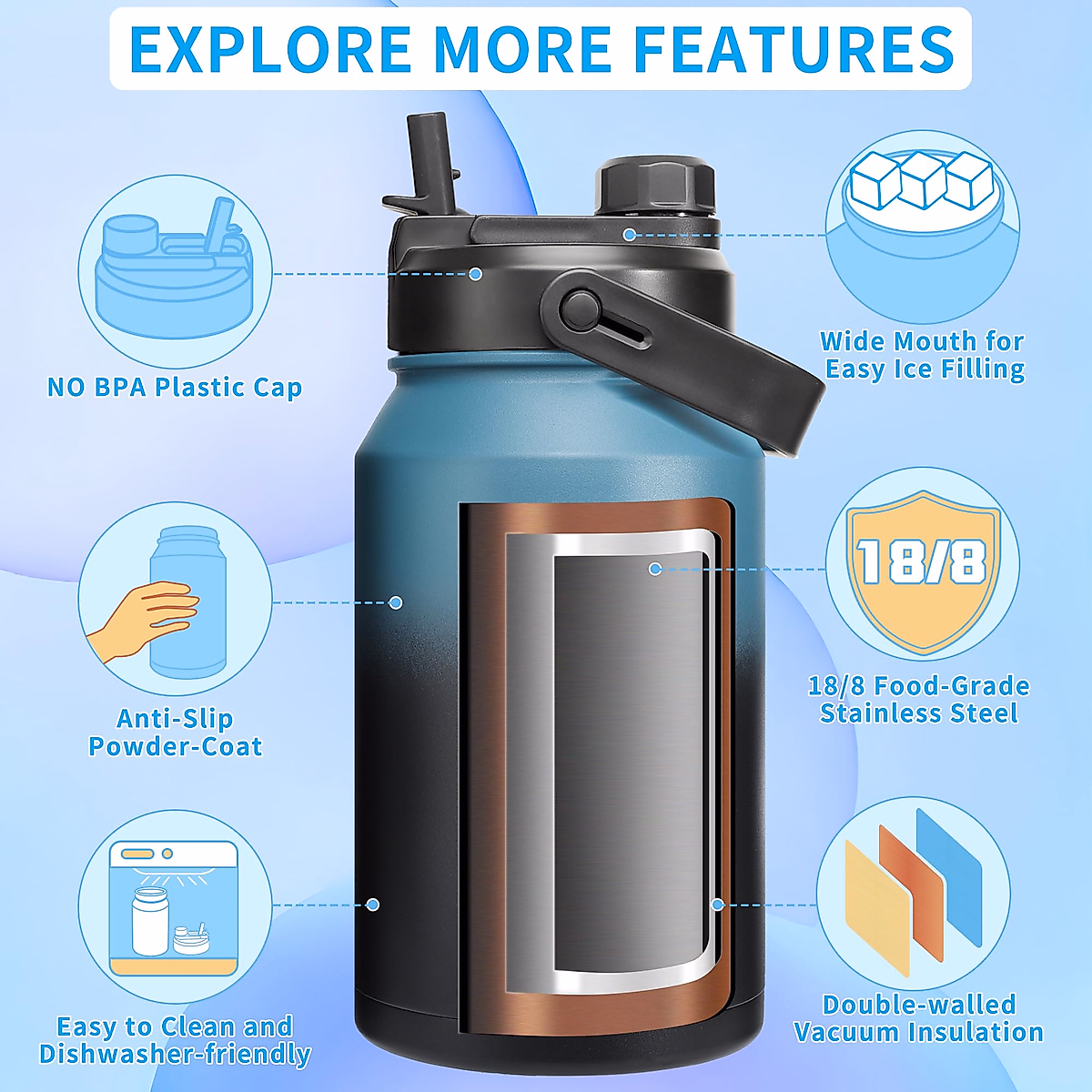 AEXPF Insulated Water Bottle 64 oz with Three-use Lid, Stainless Steel Double Wall Vacuum Wide Mouth Water Bottle with Straw, Half Gallon Water Jug for Drinking, Thermo Mug Metal Canteen