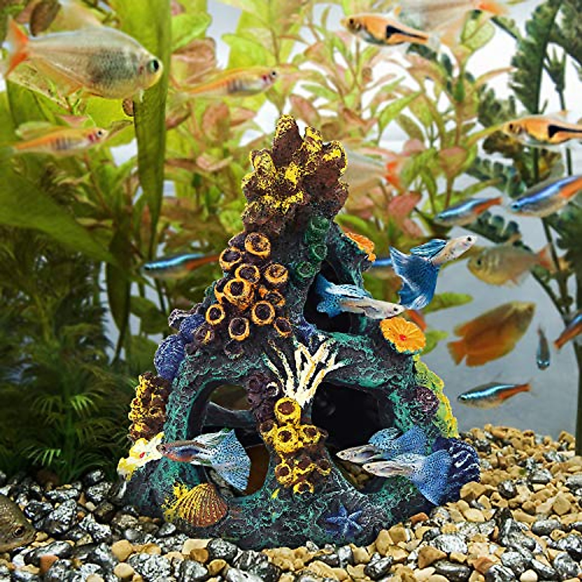 Uniclife Aquarium Decorations Resin Coral Rock Mountain Cave Fish Tank Decor Ornaments Fish House for Betta Rest Hide Play Breed