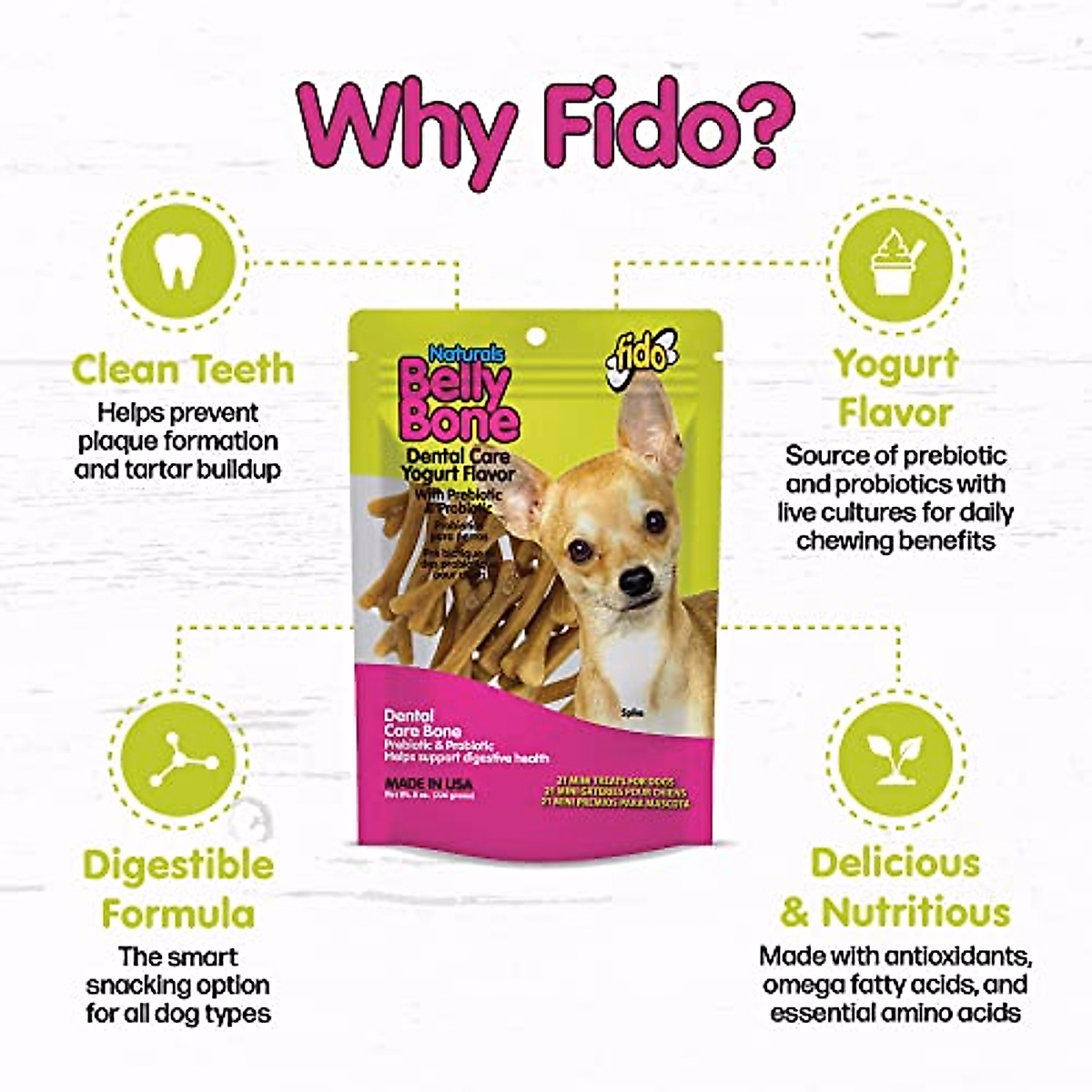 Fido Belly Bones for Dogs, 21 Yogurt Flavor Mini Dog Dental Treats (Made in USA) - 21 Count Dog Treats for Small Dogs - Plaque and Tartar Control for Fresh Breath, Digestive Health Support