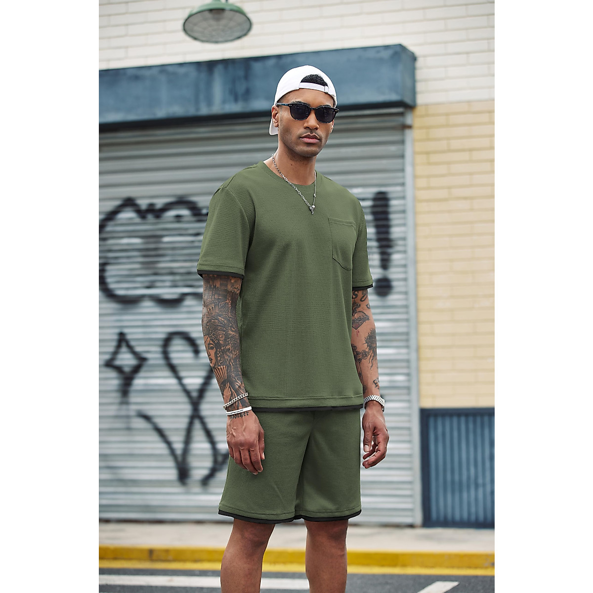 COOFANDY Men's Waffle Shirt and Shorts Set 2 Piece Outfits Casual Summer Tracksuits Set with Pockets