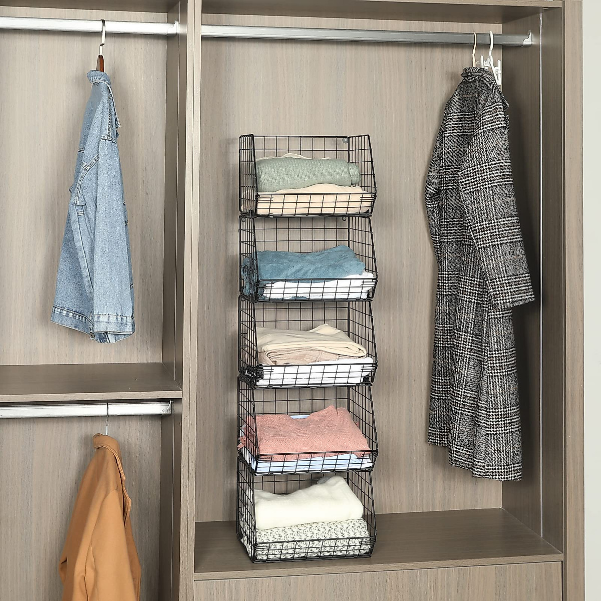 5 Tier Closet Hanging Organizer, Clothes Hanging Shelves with 4 Hanging Hooks 5 S Hooks, Wire Storage Basket Bins, for Clothing Sweaters Shoes Handbags Clutches Accessories Patent Design