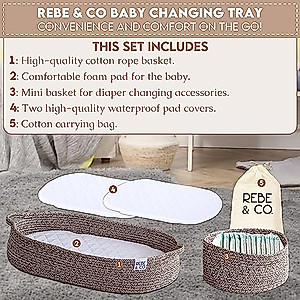 Baby Changing Basket for Baby Dresser, Foam Pad with Two Waterproof Covers, Includes Diaper Organizer, Table Moses, Changing Table Topper for Dresser Boho by REBE & CO