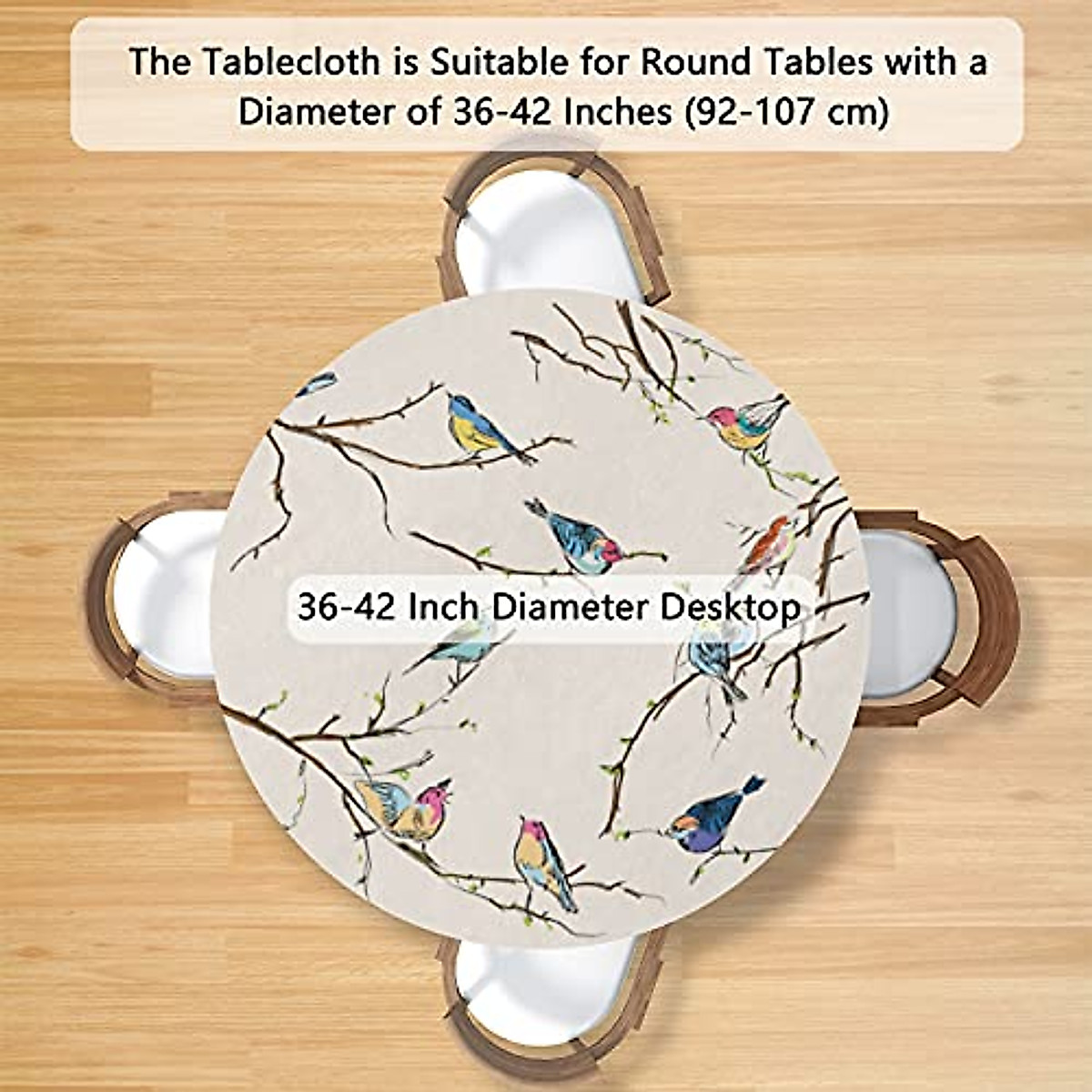 Little Birds Round Tablecloths Bird on Branches Tablecloths for Circular Tables Round Fitted Polyester Tablecover with Elastic for Kitchen/Dining/Party Indoor and Outdoor Use Machine Washable 36"- 42"